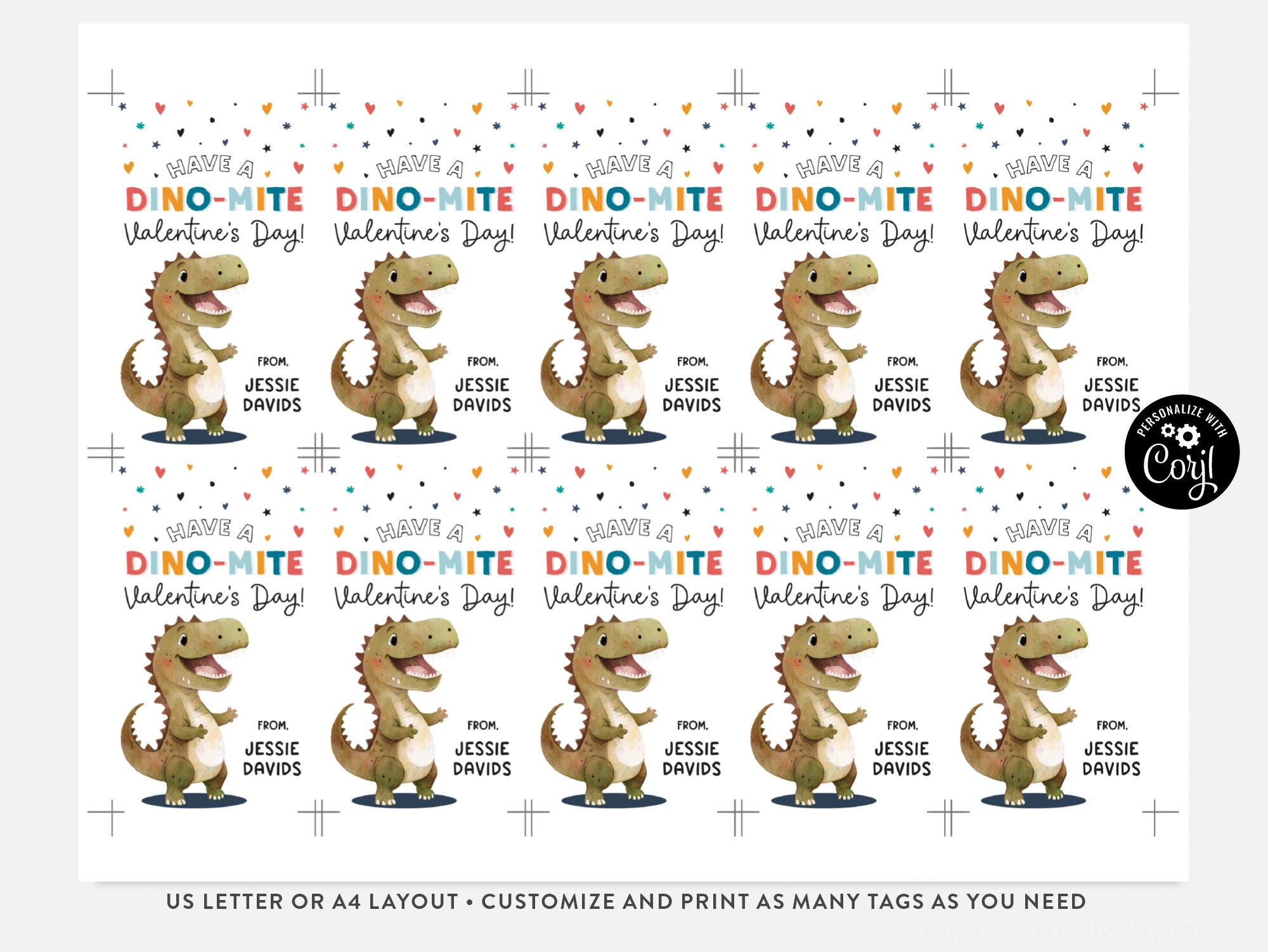 Editable Dinosaur Valentine's Day Favor Tag (printable) - Etsy