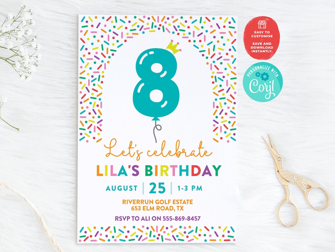 8th Birthday Party Invitation | Editable Rainbow Confetti Sprinkles ...