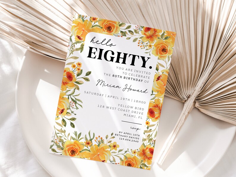 80th Birthday Invitation Template: Yellow Floral Design (digital ...