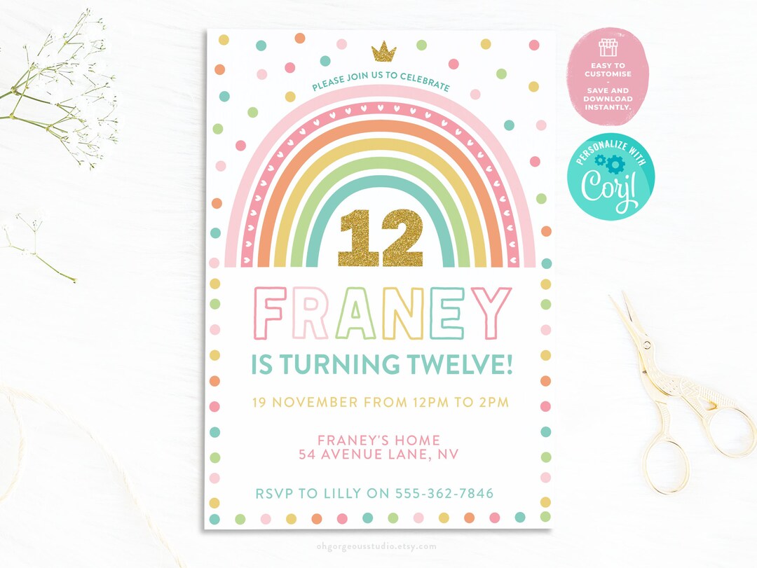 12th Birthday Invitation | Fun Rainbow Party Invite for Twelve Year Old ...
