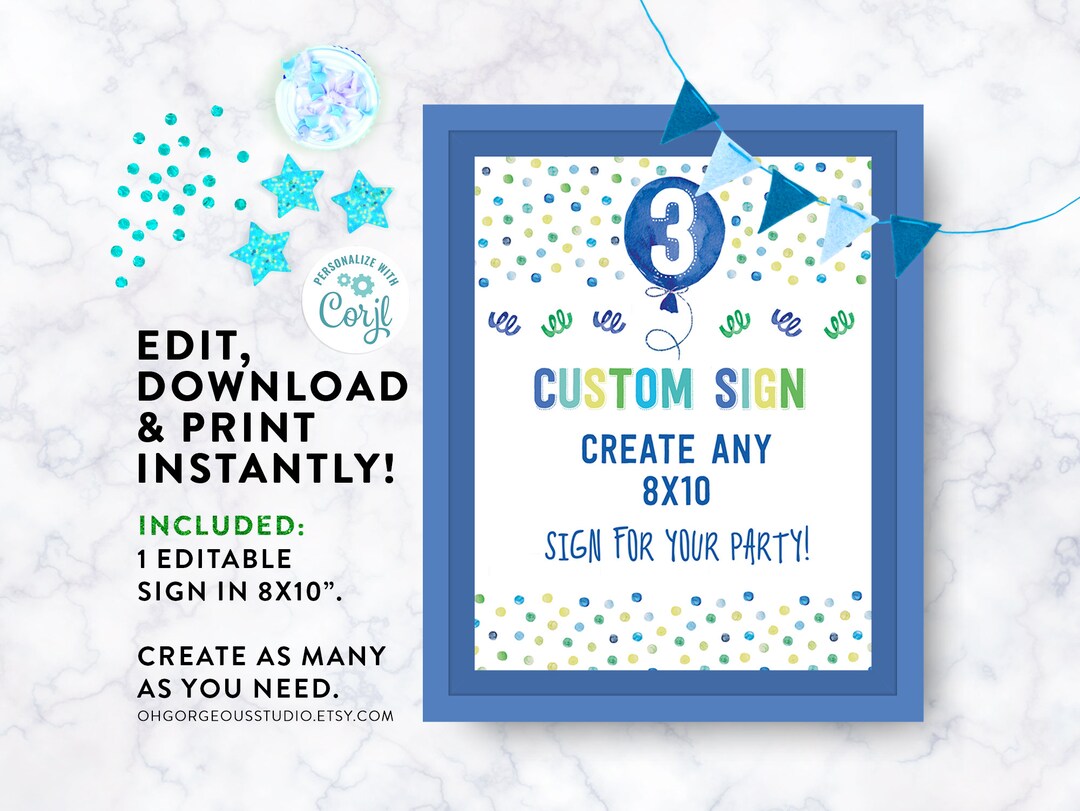 Blue Confetti Birthday Sign: Custom Party Welcome Sign (digital ...