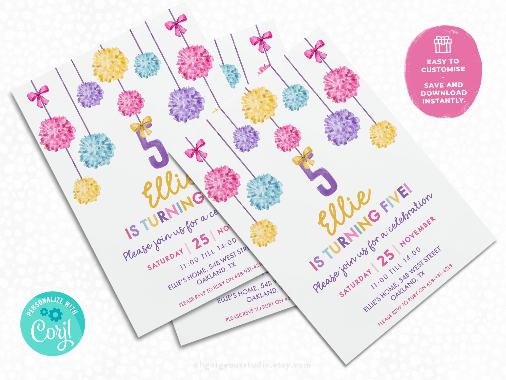 5th Birthday Invitation Cute Colourful Party Invite for - Etsy