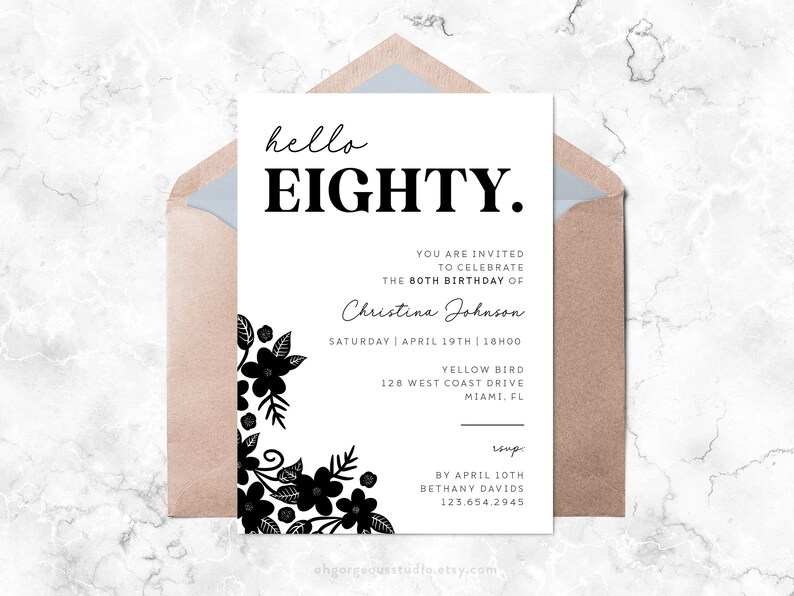 Editable 80th Birthday Invitation Template Hello Eighty Birthday Invite