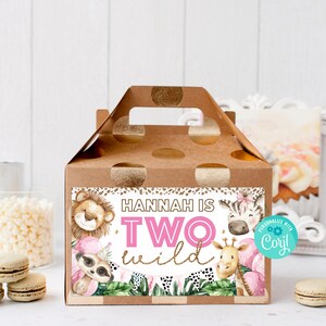 Two Wild Safari Party Box Label: Pink Jungle Animals (editable Print ...