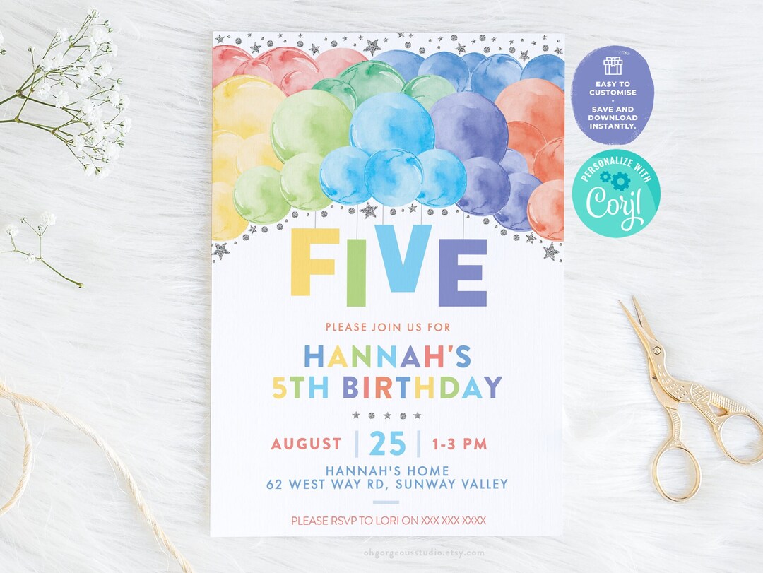 5th Birthday Invitation | Rainbow Balloon Party Invite for Boy or Girl ...