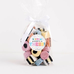 Yippee I'm Three Custom Sticker Template, Editable Tag for Treat Packs ...