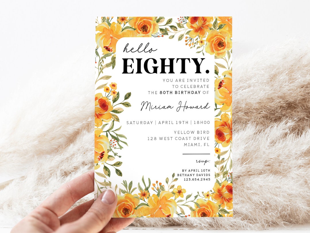 Editable 80th Birthday Invitation Template Hello Eighty Birthday Invite