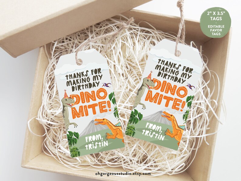 Dino Birthday Thank You Tags: Editable Dinosaur Party Favors (digital ...