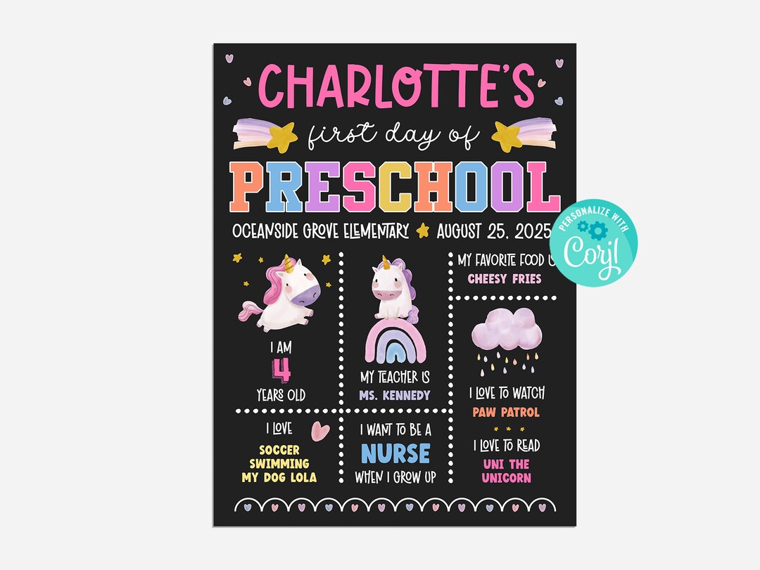 First Day of School Sign Editable Template | Unicorn Back to School ...