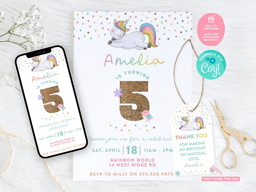 Unicorn Rainbow Birthday Invitation: Editable Template - Etsy