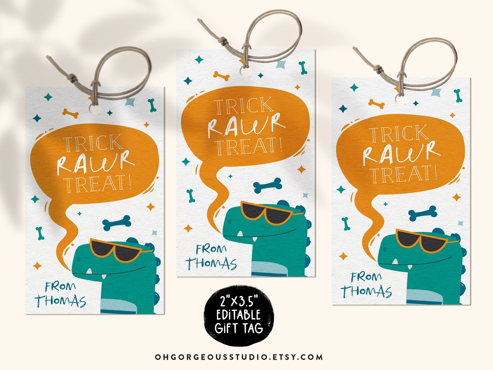 Halloween Dinosaur Gift Tag: Trick or Treat Label (printable) - Etsy