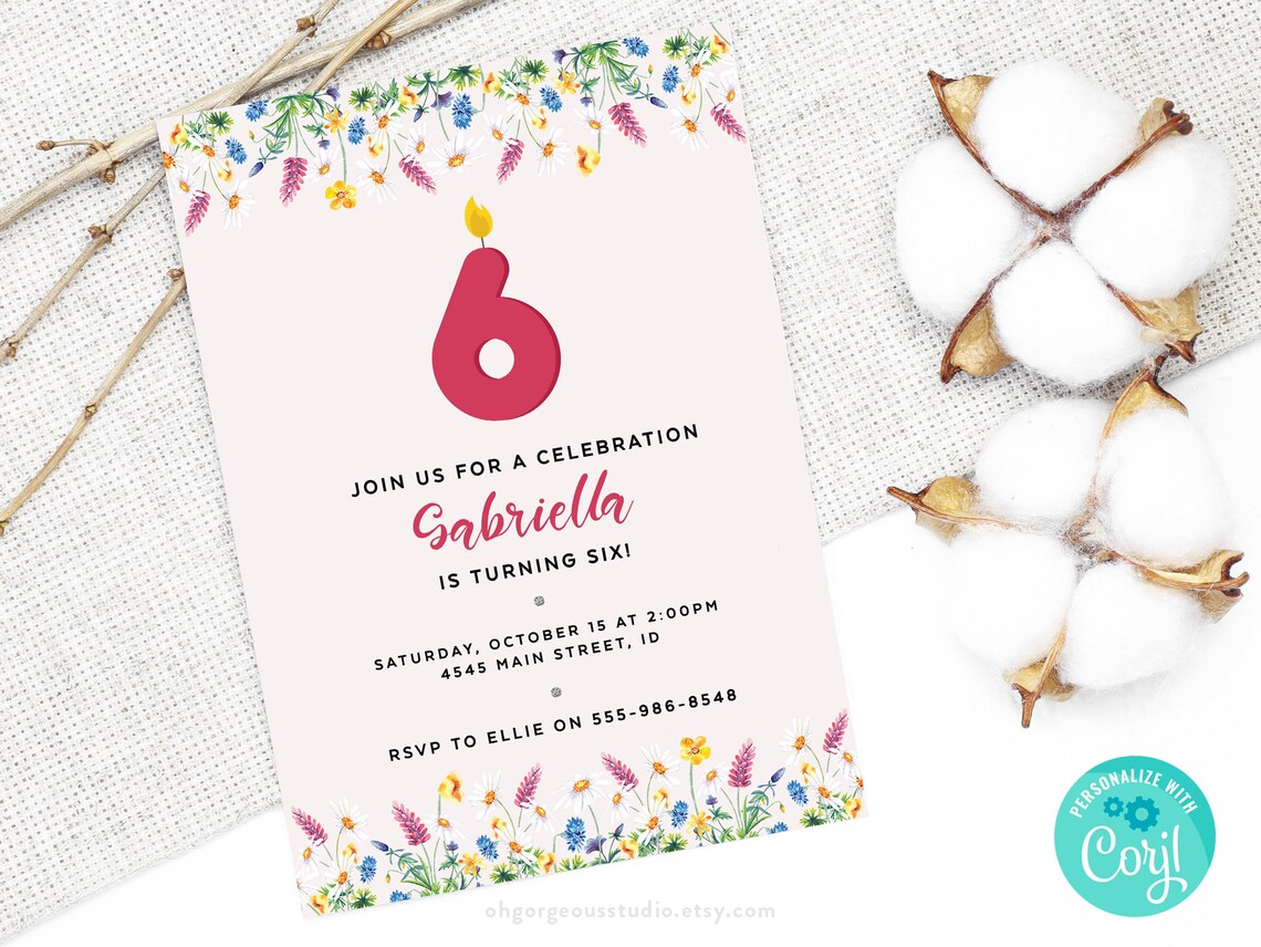 6th Birthday Party Invitation Editable Printable Flower - Etsy