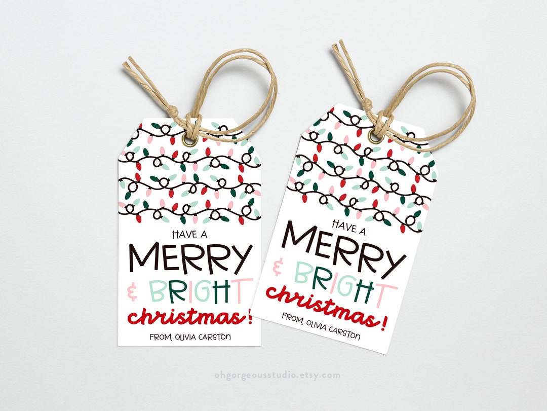 Printable Christmas Lights Gift Tag, Merry and Bright Tag, Cute String ...