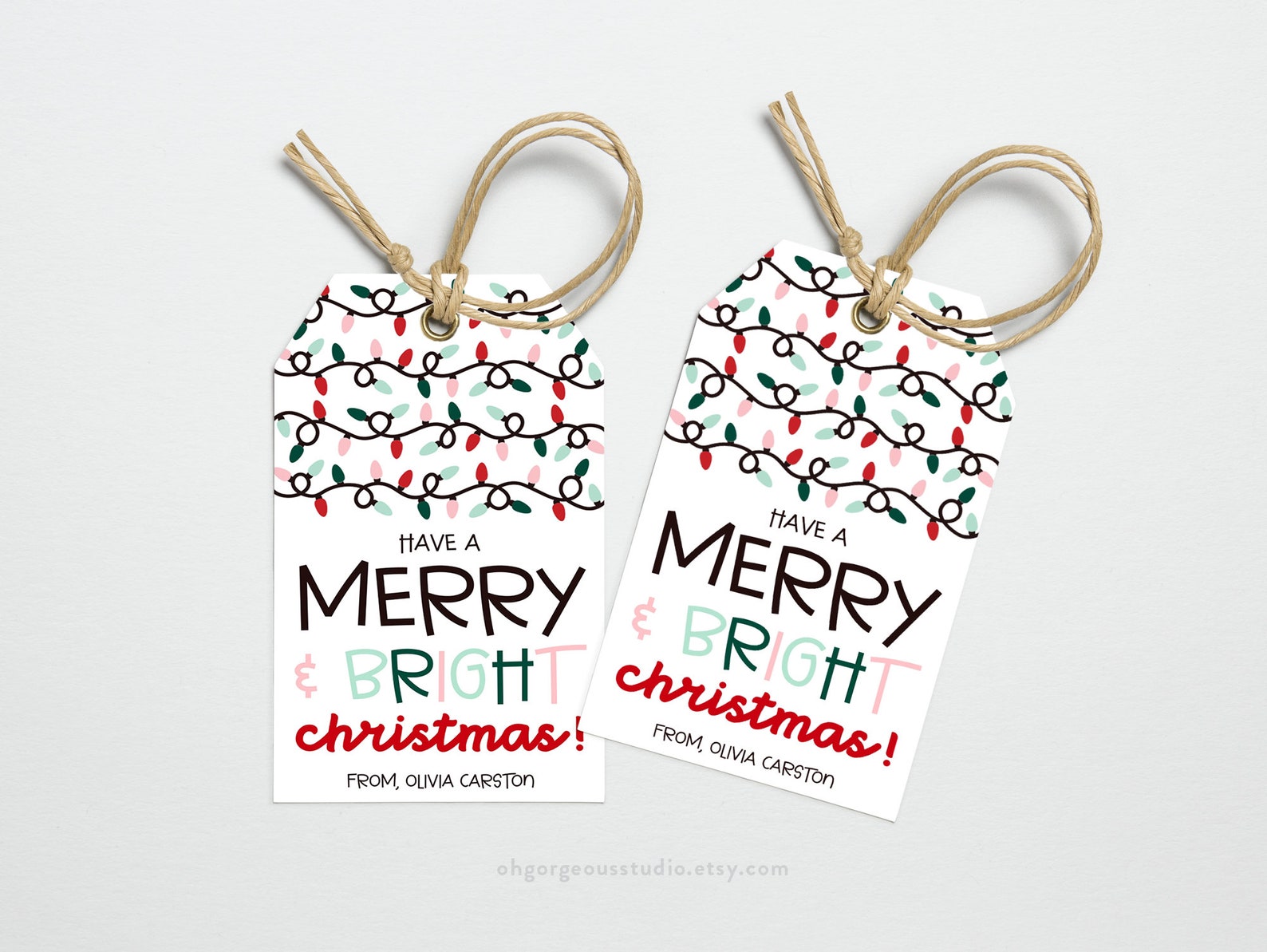 Printable Christmas Lights Gift Tag, Merry and Bright Tag, Cute String ...