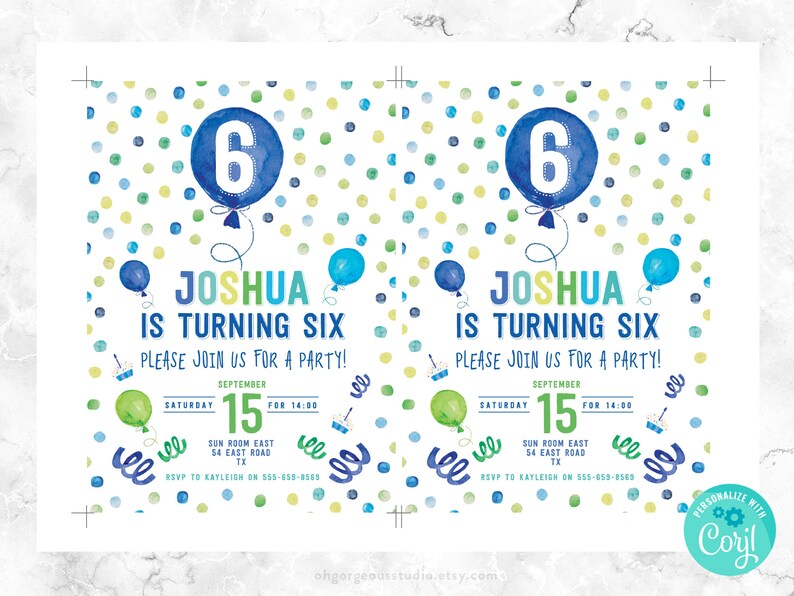 6th Birthday Invitation: Blue Confetti, Editable Template (5x7) - Etsy