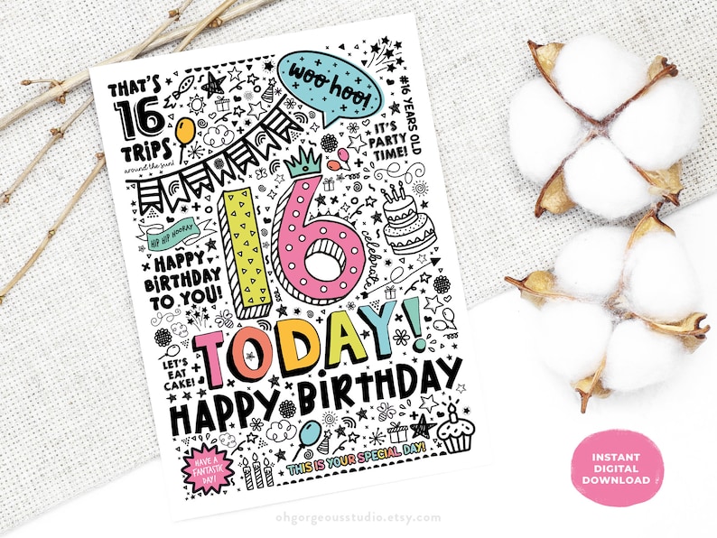 Printable 16th Birthday Card: Fun Doodle Style (digital Download) - Etsy