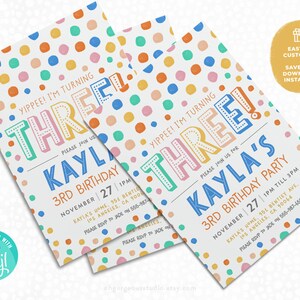 Yippee I'm Three Invitation: Colorful Confetti 3rd Birthday (editable ...