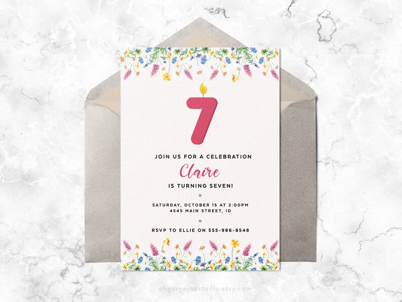 Floral 7th Birthday Invitation: Editable Printable Invite - Etsy