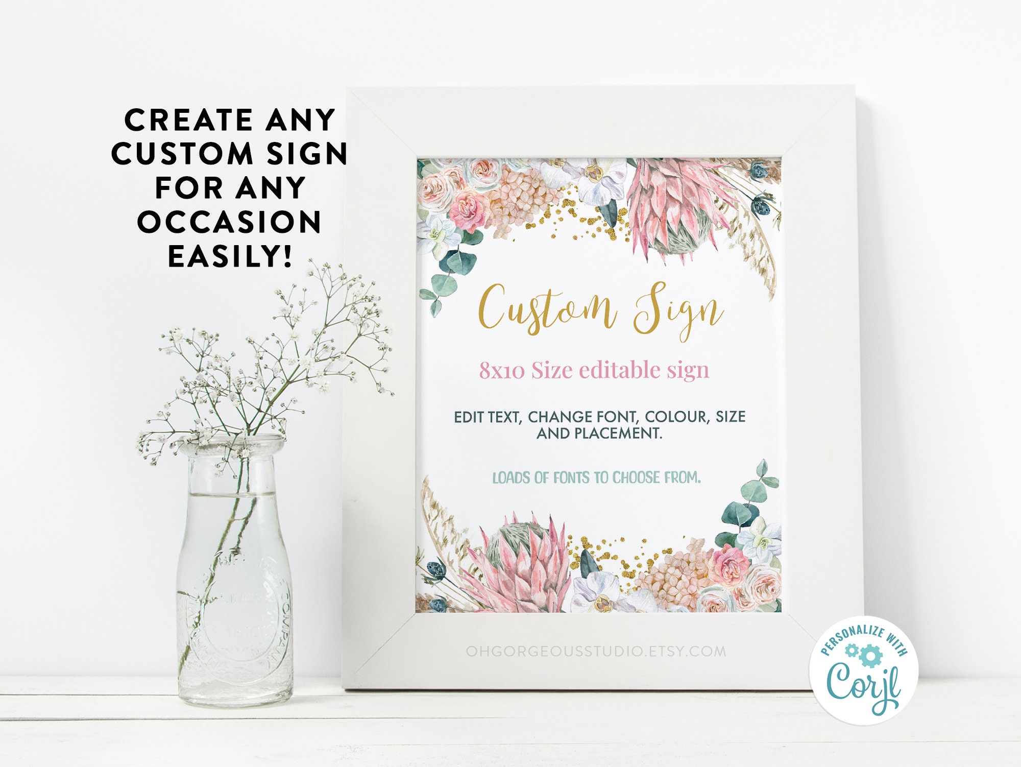 Floral Editable Sign Template: Pink Flowers, Bridal Shower, Baby Shower ...
