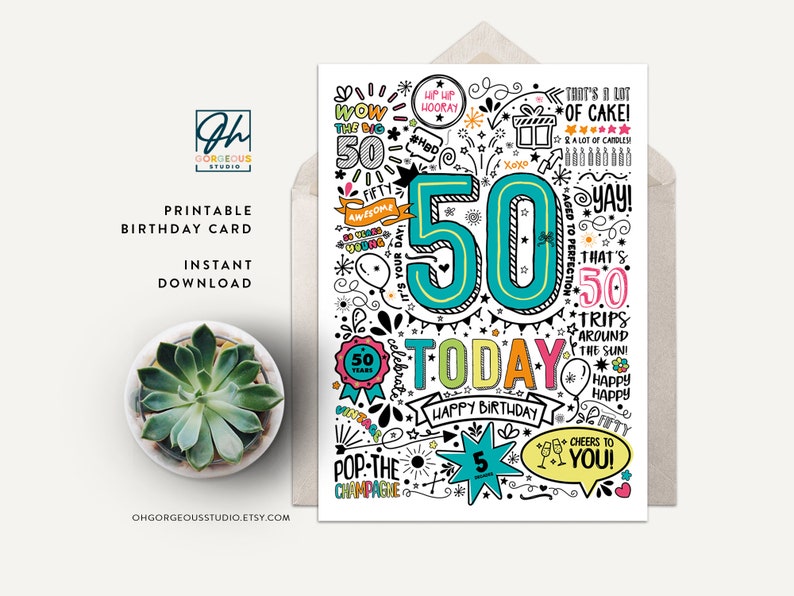 50th Birthday Card: Fun Doodle Style (digital Download) - Etsy