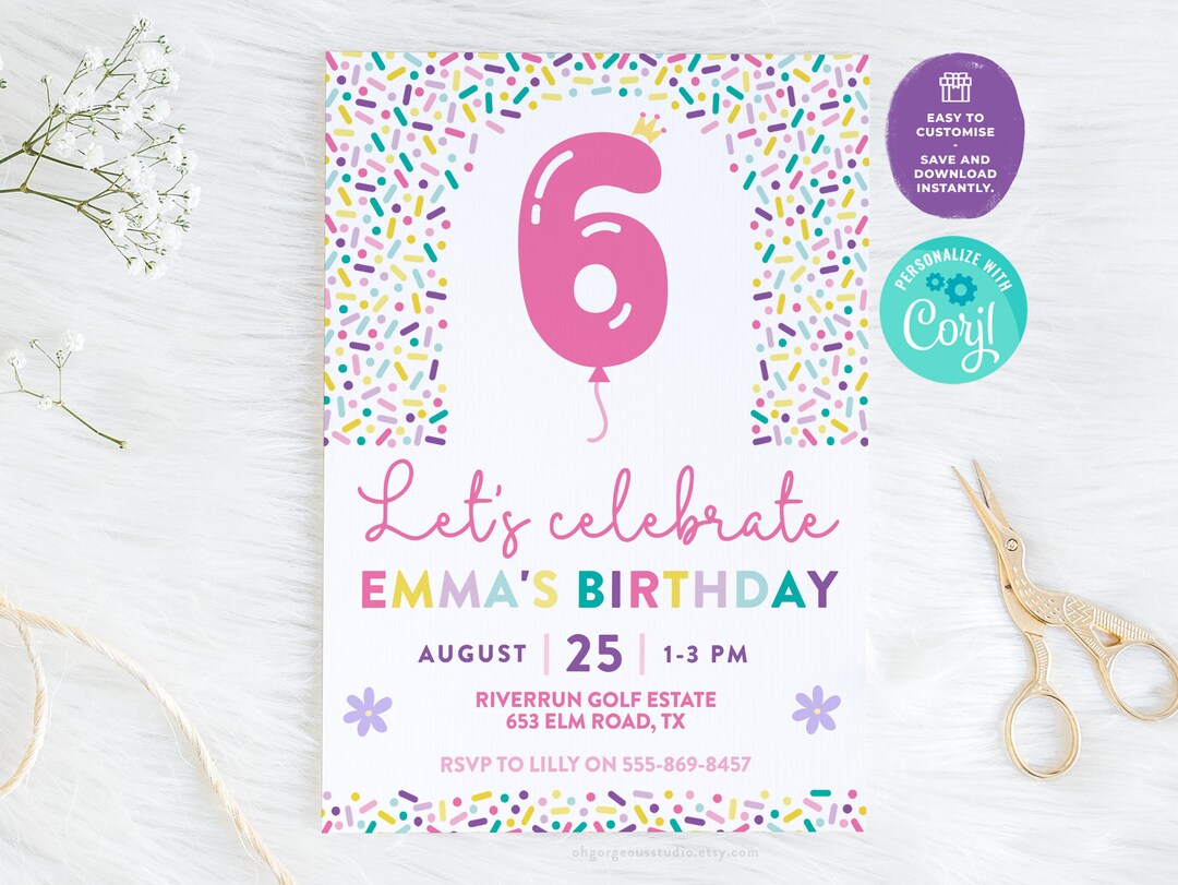 Sprinkles 6th Birthday Invitation: Editable Party Invite (5x7) (digital ...