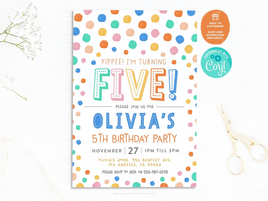 5th Birthday Invitation | Yippee I'm Five Editable Party Template ...