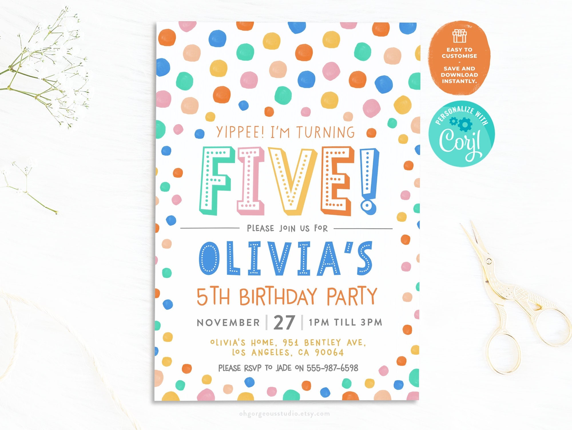 5th Birthday Invitation Yippee I'm Five Editable Party Template ...