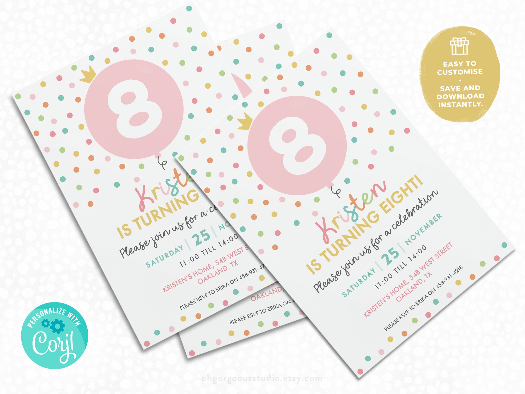 8th Birthday Invitation Modern Pastel Printable Invite for - Etsy