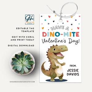 Editable Dinosaur Valentine's Day Favor Tag (printable) - Etsy
