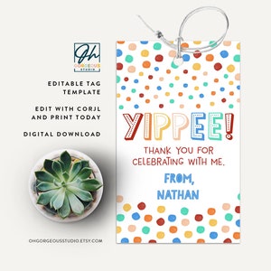 Yippee Birthday Favor Tag | Polka Dot Gift Tag Template, Editable Party ...
