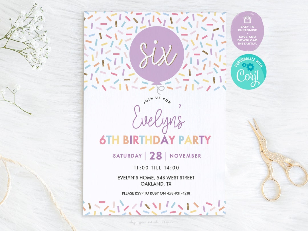 Pretty Sprinkles 6th Birthday Invitation | Pastel Coloured Sprinkles ...