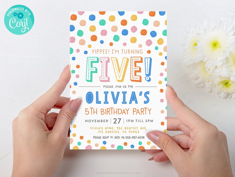 5th Birthday Invitation: Colorful Confetti Party (editable Template) - Etsy