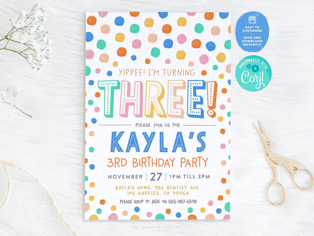 Yippee I'm Three Invitation: Colorful Confetti 3rd Birthday (editable ...