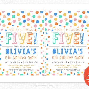 5th Birthday Invitation | Yippee I'm Five Editable Party Template ...