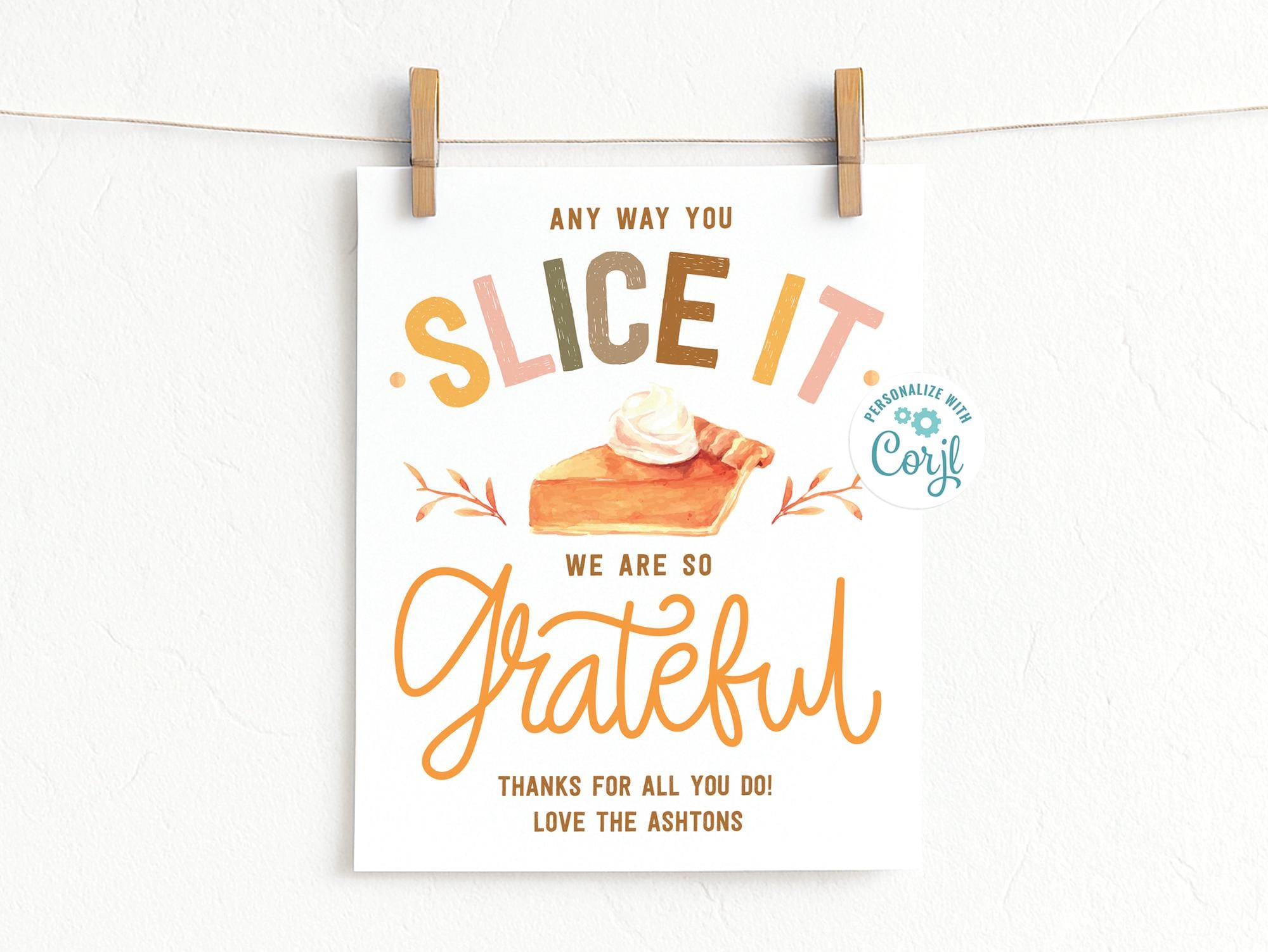 Editable Thanksgiving Pumpkin Pie Sign: Grateful Quote (digital ...