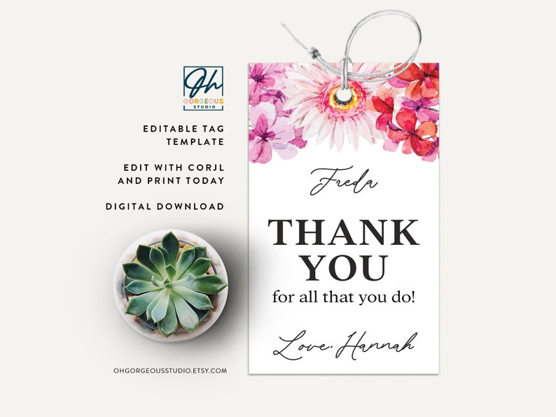 Editable Thank You Gift Tag Template Floral Thank You, Printable Hang ...