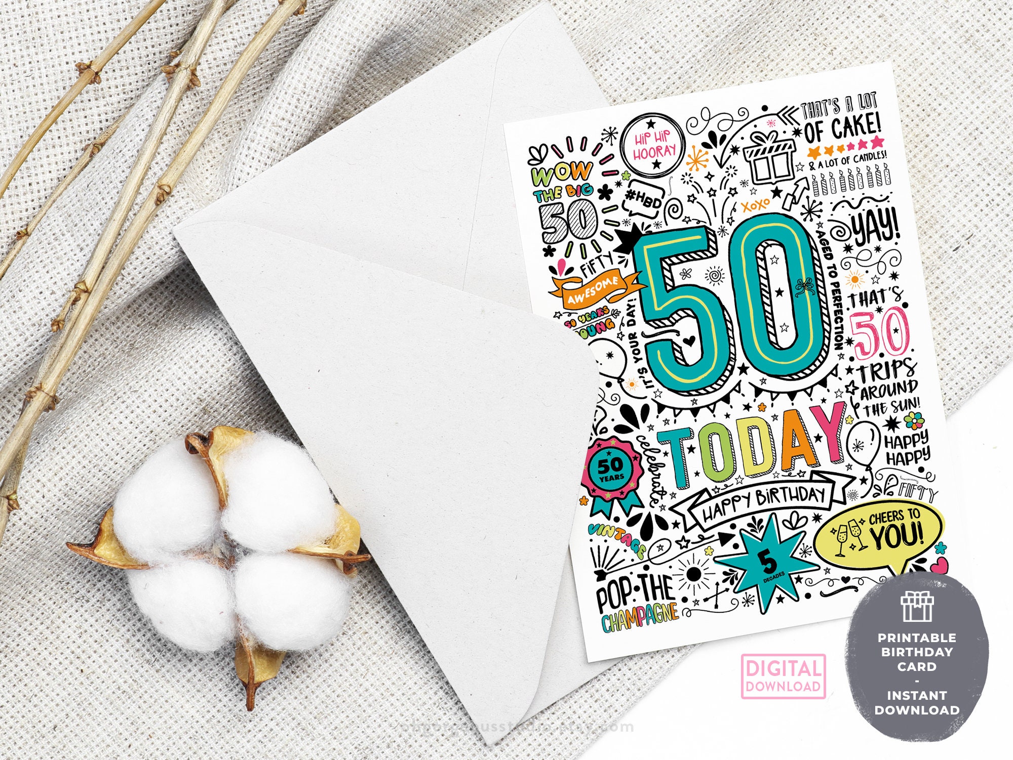 50th Birthday Card: Fun Doodle Style (digital Download) - Etsy