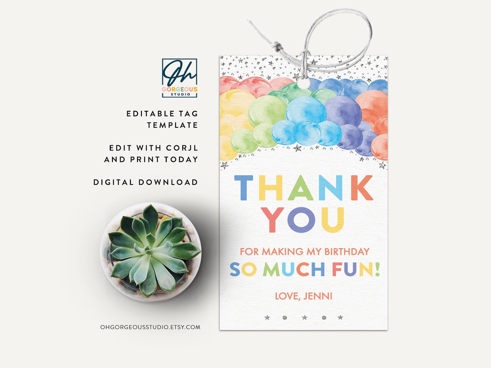 Birthday Party Tag Editable Rainbow Balloon Arch Gift Tag, Fun Garland ...