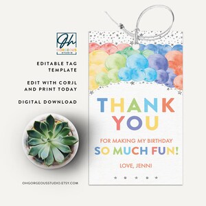 Birthday Party Tag | Editable Rainbow Balloon Arch Gift Tag, Fun ...