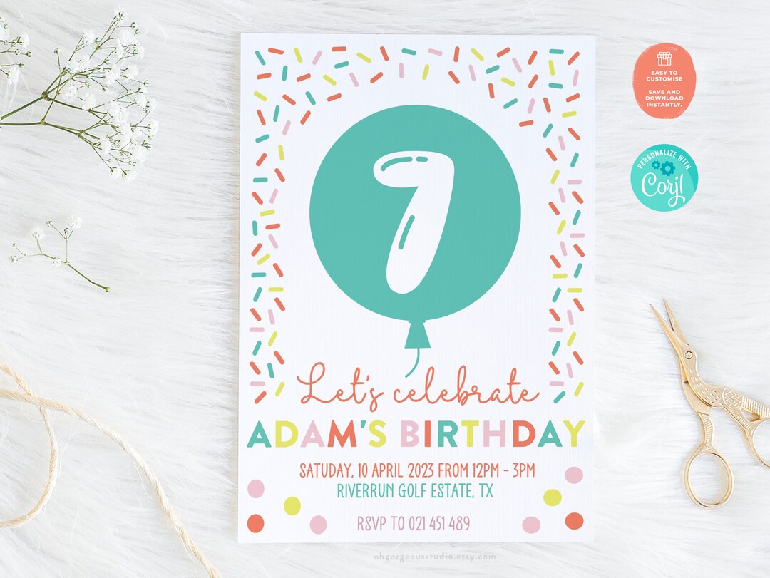 7th Birthday Confetti Party Invitation | Editable Printable Birthday ...