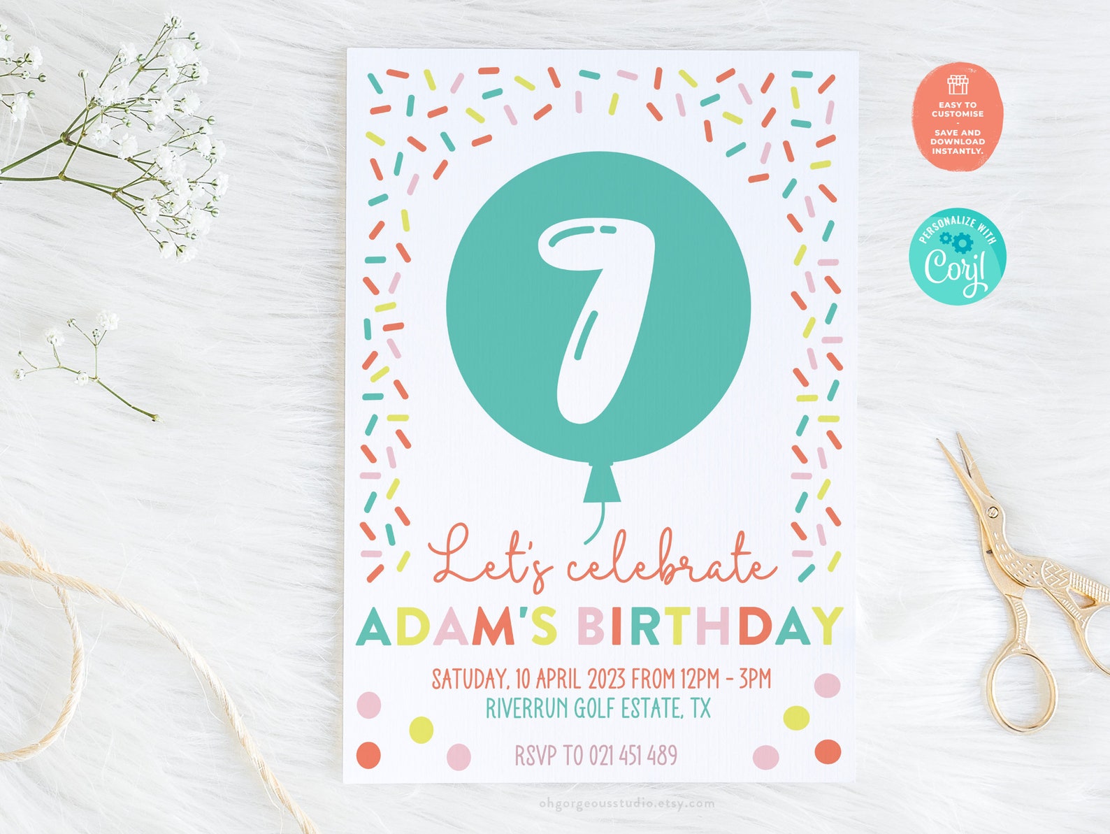 7th Birthday Confetti Invitation: Editable Balloon Party Invite (corjl ...