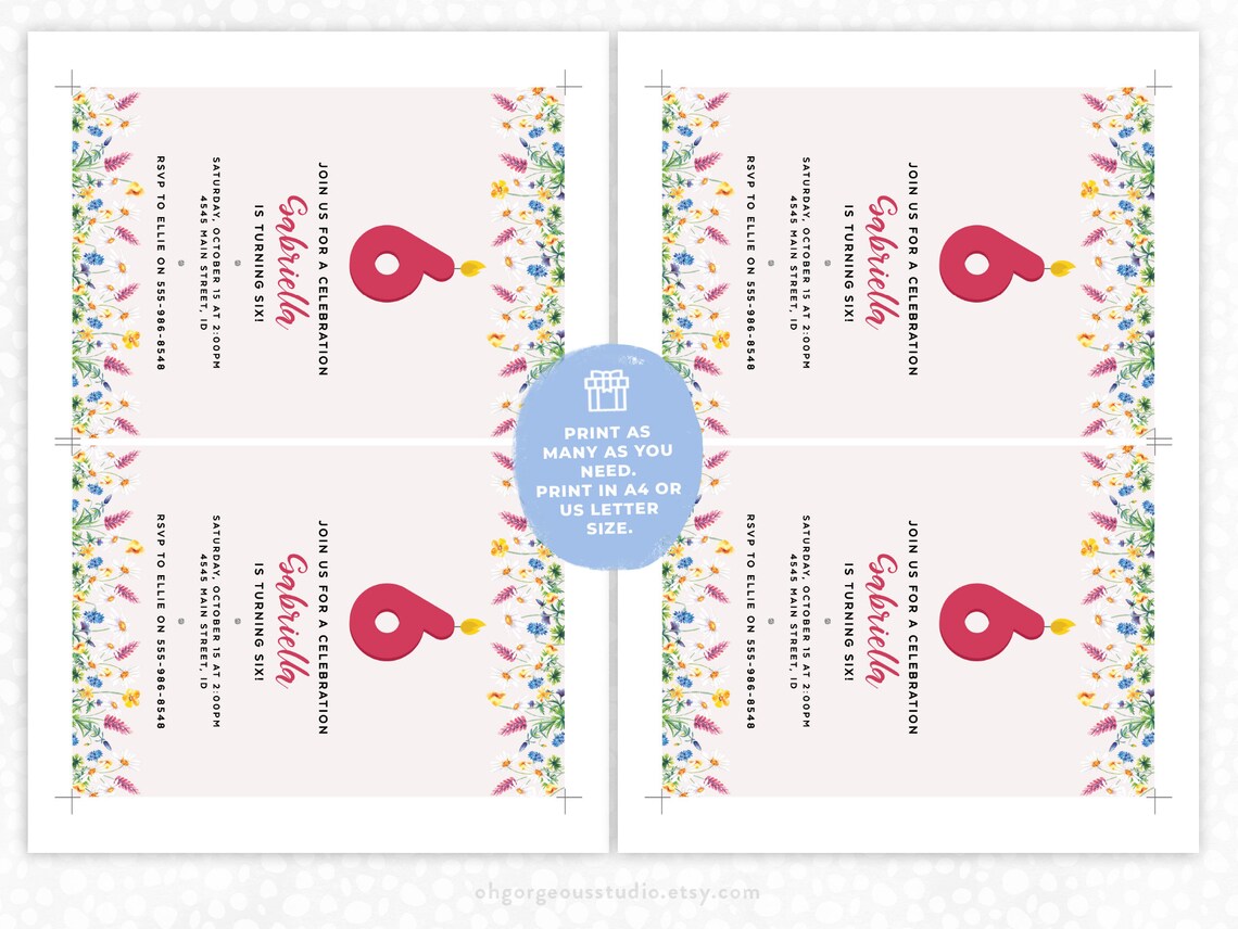 6th Birthday Party Invitation Editable Printable Flower - Etsy
