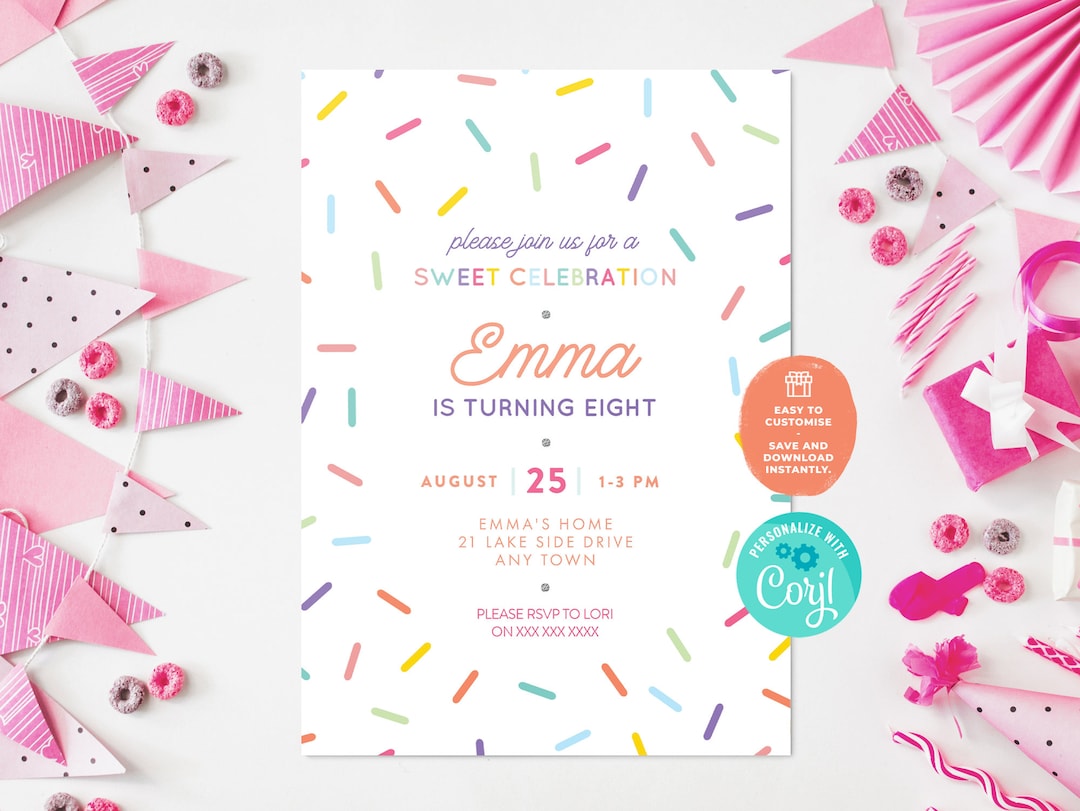 Sprinkles 8th Birthday Invitation: Playful Party Invite (editable ...