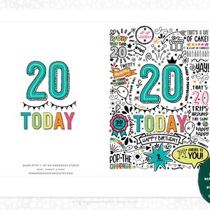 20th Printable Birthday Card | 20 Today Birthday Downloadable Card ...