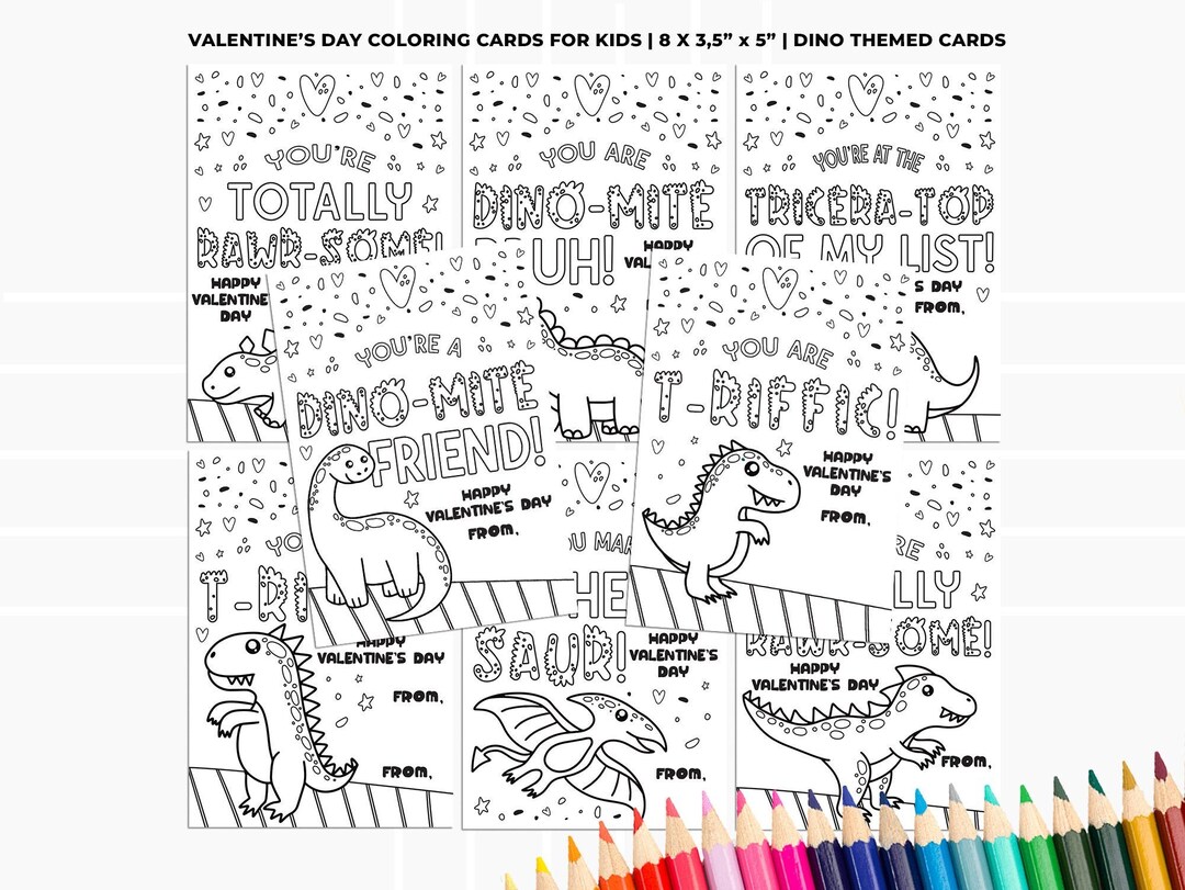 Dino Valentine Coloring Cards: Kids Classroom Valentines (printable PDF ...