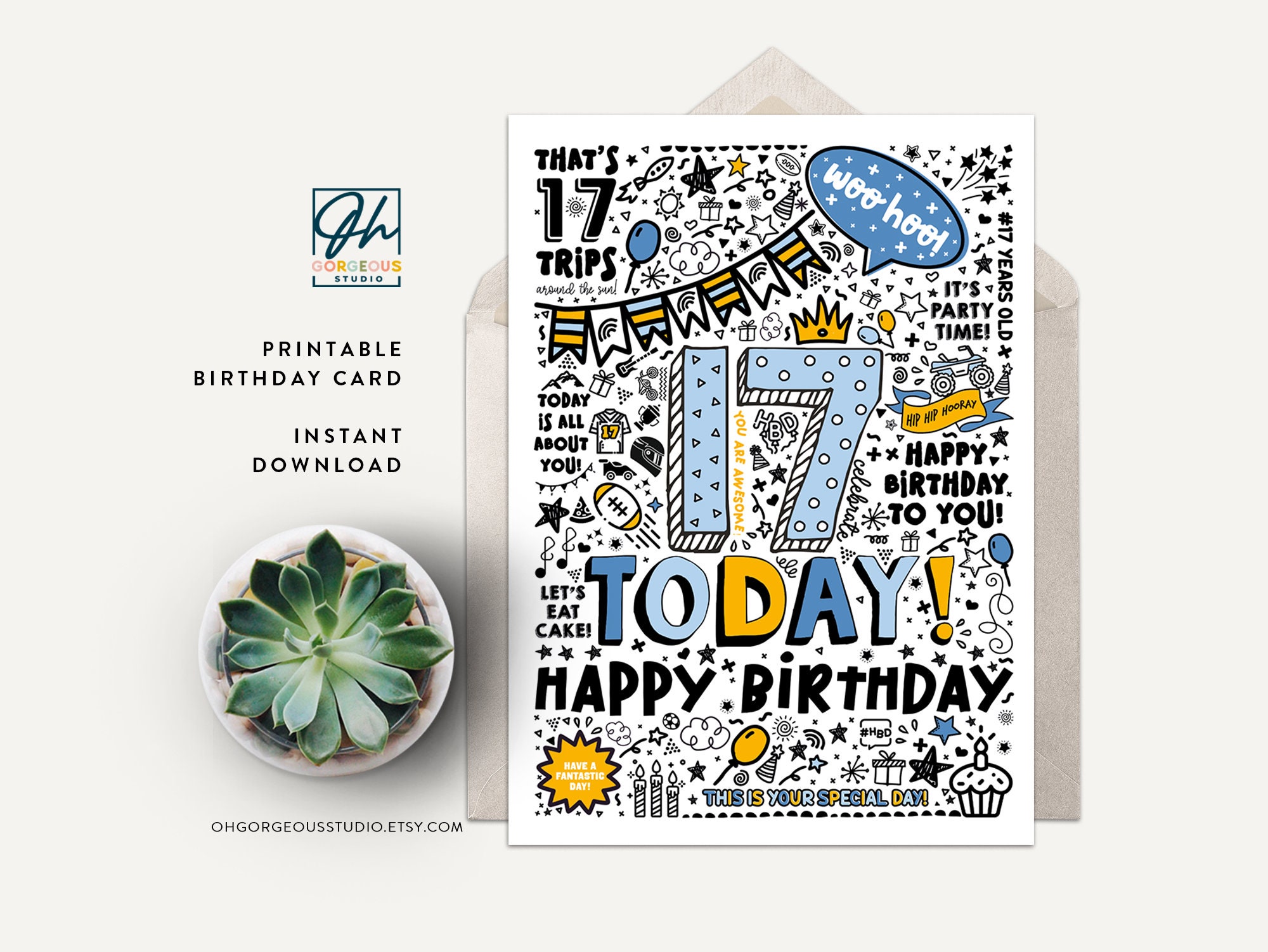 Printable 17th Birthday Card Instant Download Printable Card for 17th ...