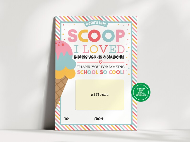 Ice Cream Gift Card Holder: End of Year Student Gift (digital Download ...