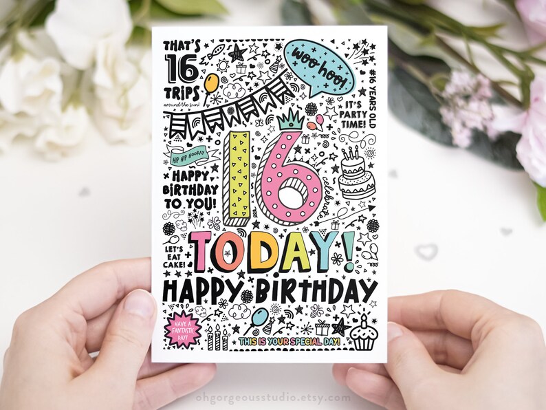 Printable 16th Birthday Card: Fun Doodle Style (digital Download) - Etsy