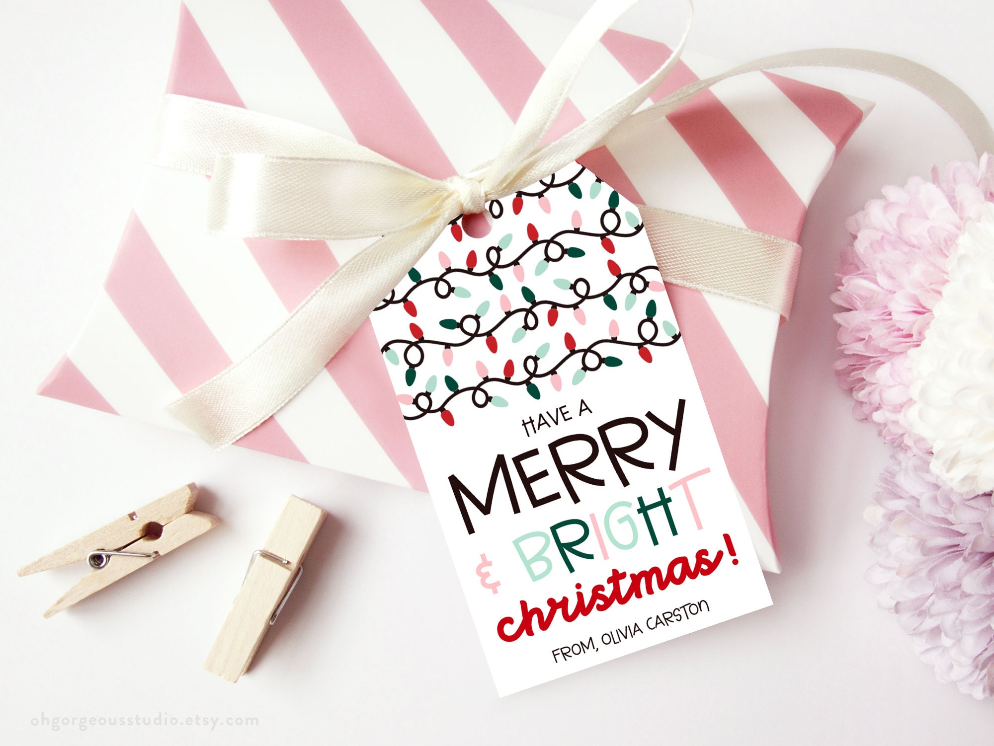 Printable Christmas Lights Gift Tag, Merry and Bright Tag, Cute String ...