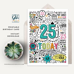 25th Birthday Card: Doodle Style Printable (digital Download) - Etsy